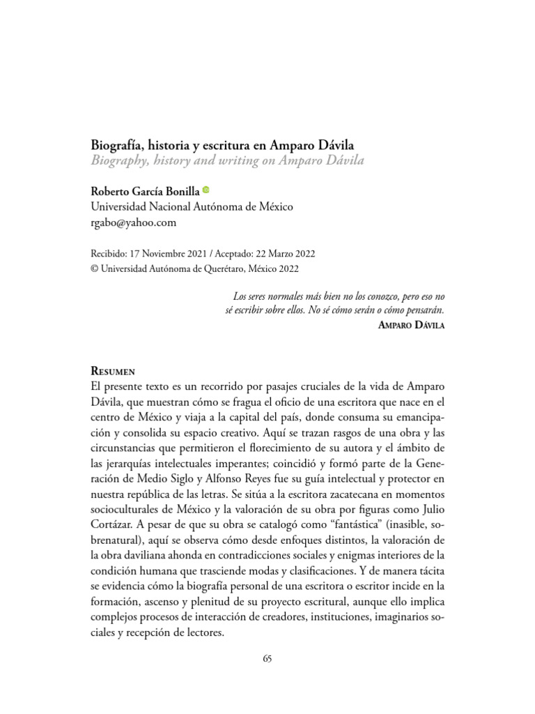 Biografía, Historia y Escritura en Amparo Dávila | PDF | Cuba | México