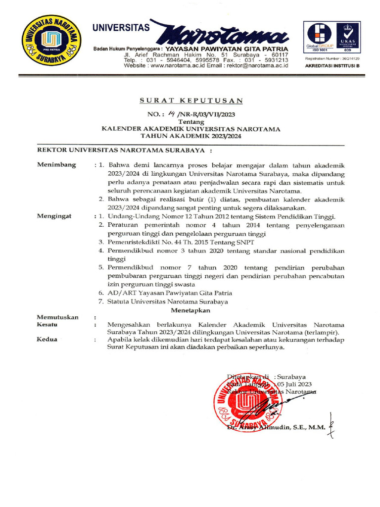 SK Rektor No. 14 TTG Kalender Akademik 2023-2024 | PDF