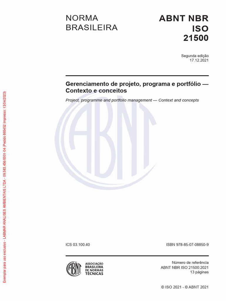 ABNT NBR ISO 21500 2021 Gerenciamento de Projeto Programa e Portfólio ...