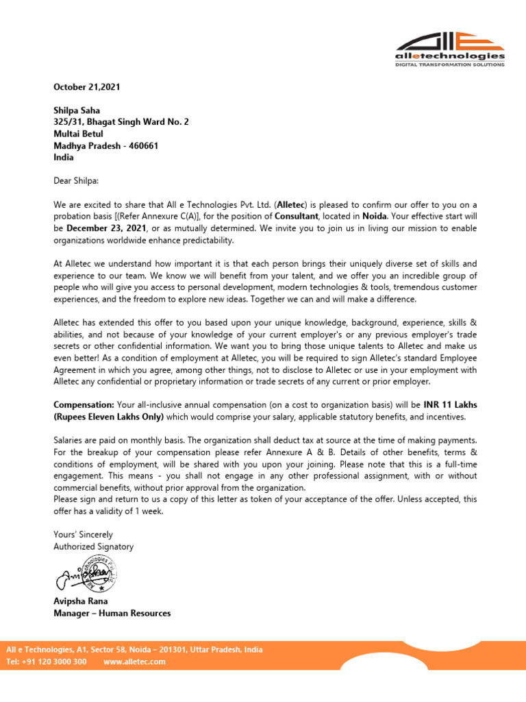 Intelegain Offer Letter - Shilpa Saha - New | PDF | Life Insurance ...