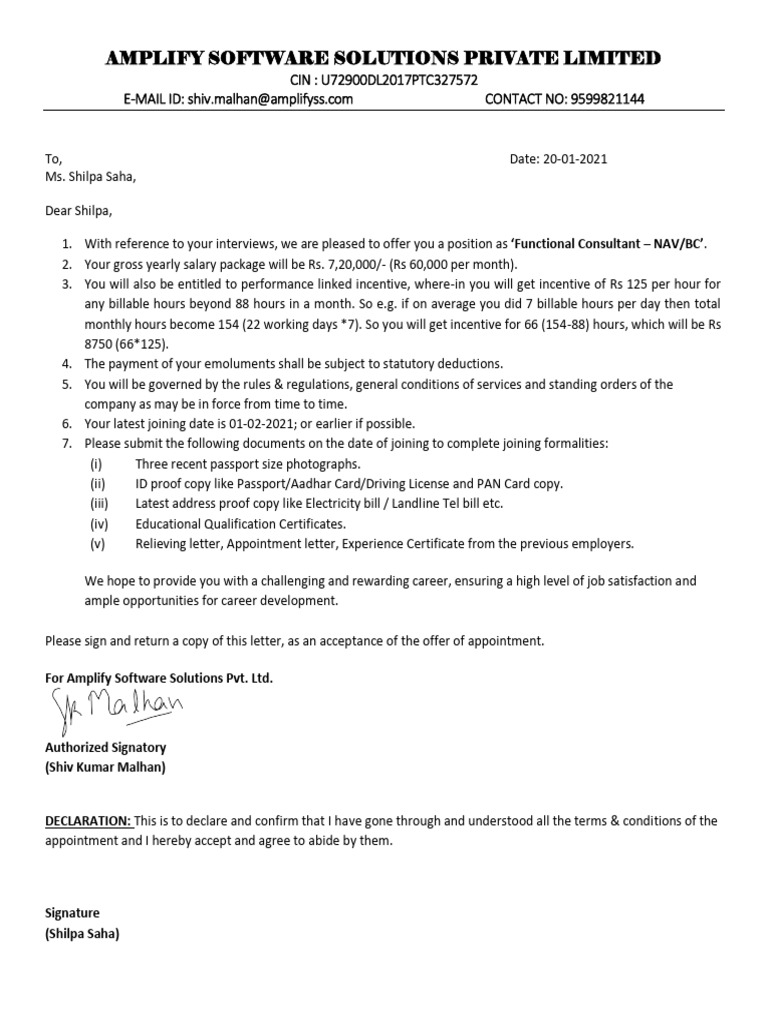 Amplify Offer Letter - Shilpa Saha-Signed | PDF | Business | Finance ...
