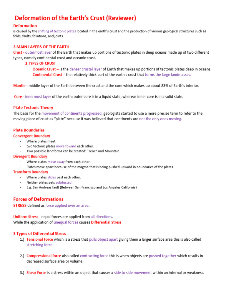 Deformation of The Earths Crust Reviewer | PDF | Plate Tectonics | Earth