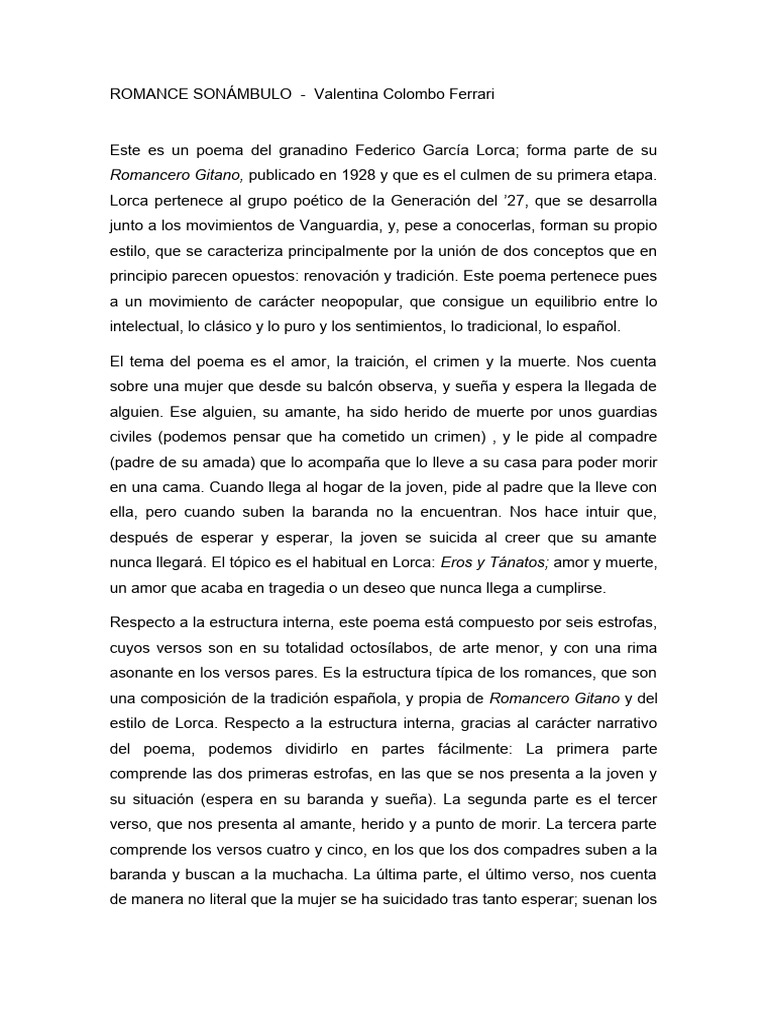 Análisis Romance Sonámbulo | PDF | Federico García Lorca | Poesía