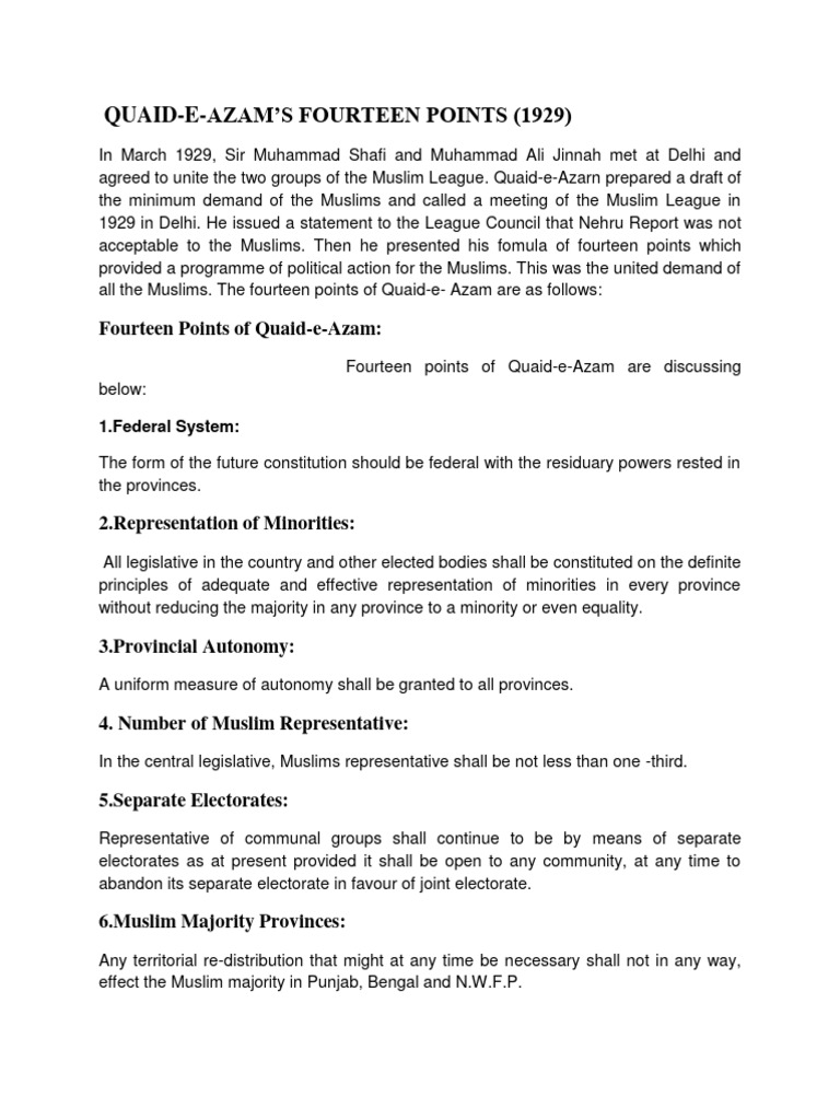 Quaid 14 Points | PDF | Muhammad Ali Jinnah | All India Muslim League
