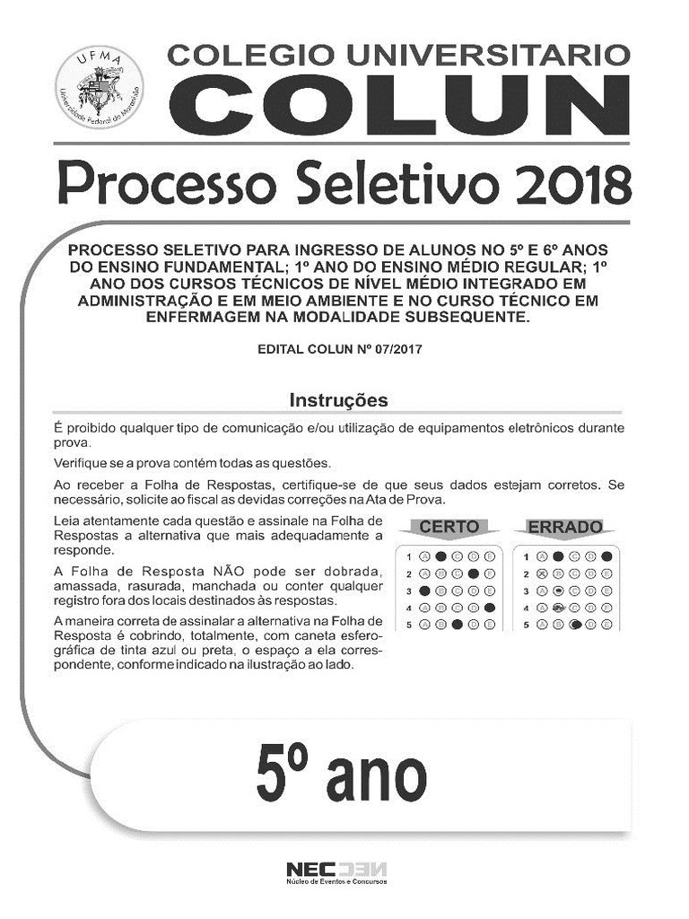 COLUN 2018 - Prova - Ensino Fundamental 5° Ano | PDF