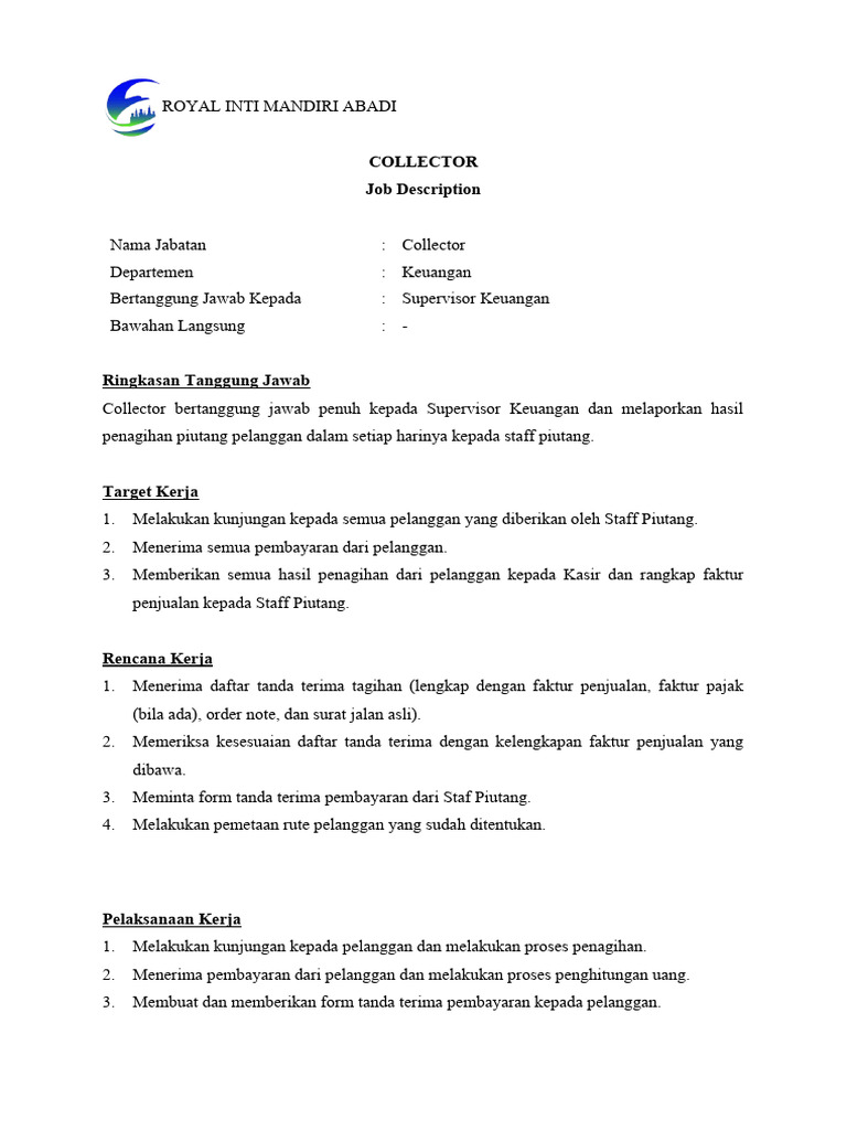 Deskripsi Pekerjaan Collector | PDF | Bisnis | Hukum