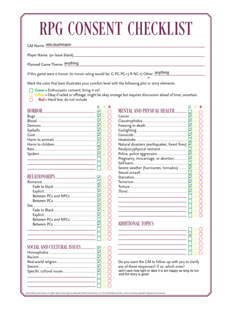 RPG Consent Checklist by Monte Cook Games | PDF