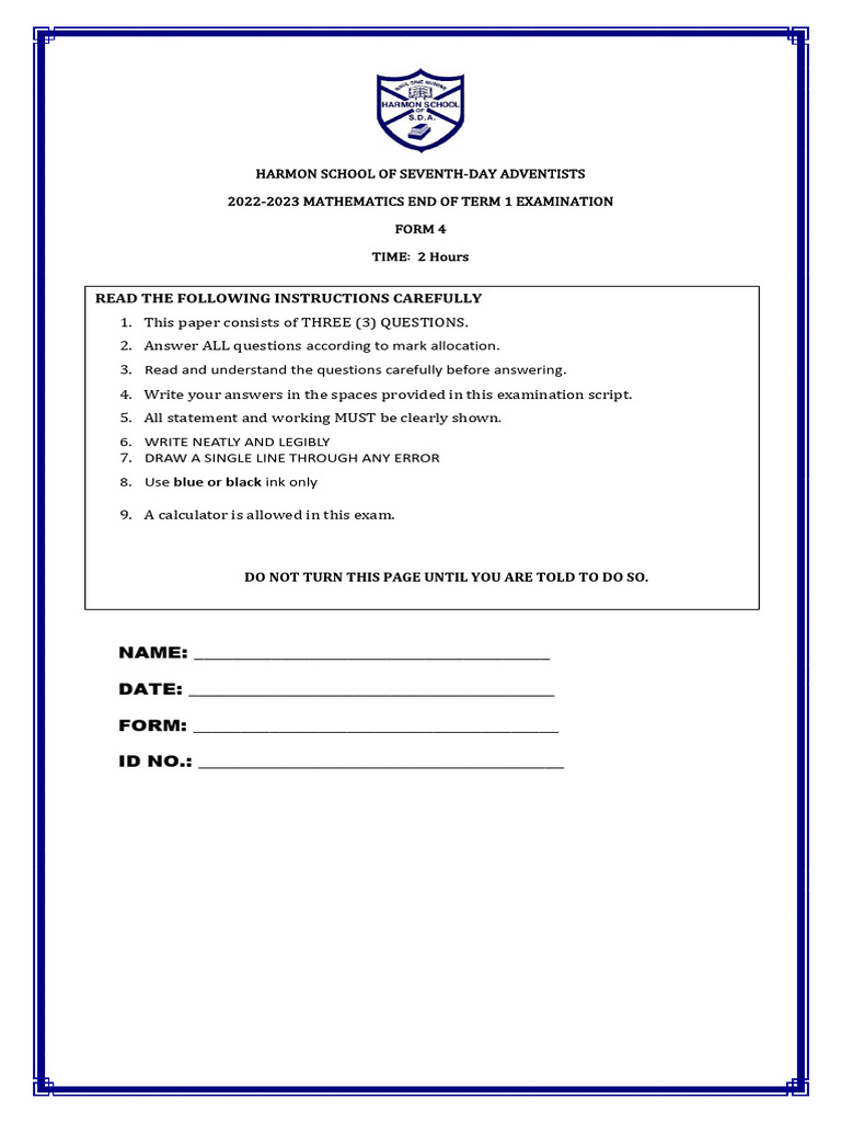 Form 4 Mathematics Exam Paper 2022-2023 | PDF | Area | Mathematics