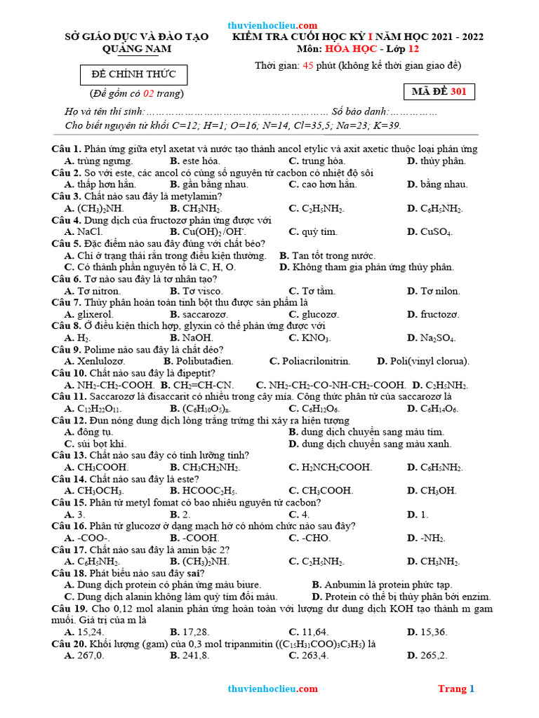 De Thi Hk1 HOA 12 Quang Nam 2021 2022 Co Dap An | PDF