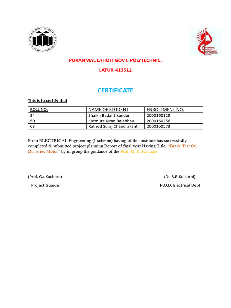 Electrical Engineering Project Cert. | PDF