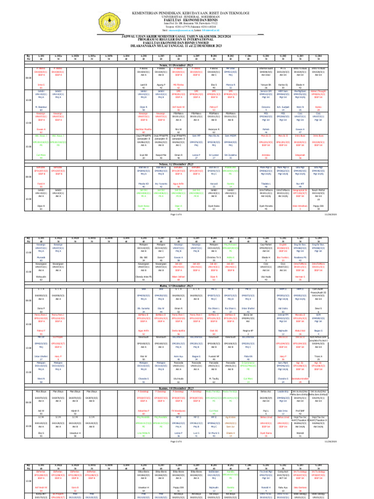 Jadwal UAS S1 REG Dan INT Gasal 20232024-1 | PDF