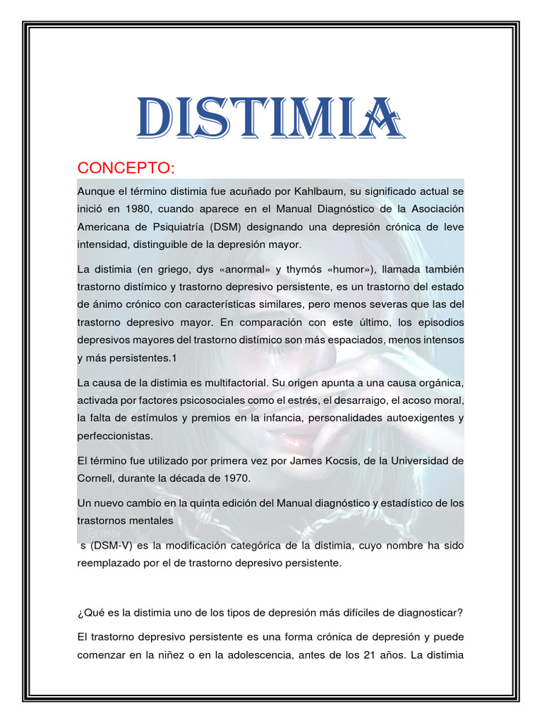 Distimia | PDF | Trastorno depresivo mayor | Depresión (estado de ánimo)