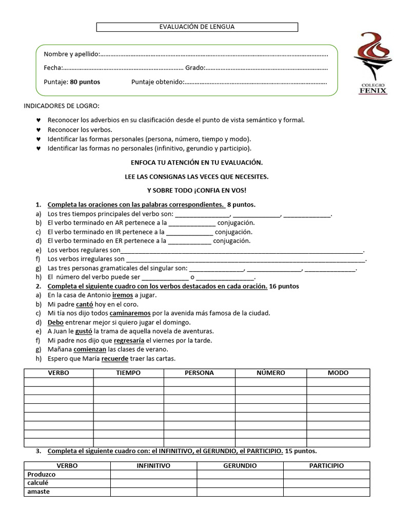 EVALUACIÓN DE LENGUA (verbos y adverbios)_114501 | PDF | Verbo ...