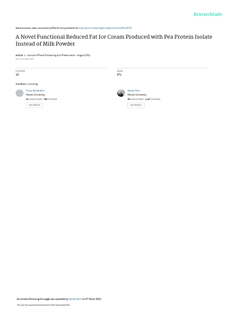 A Novel Functional Reduced Fat Ice Cream Produced With Pea Protein ...