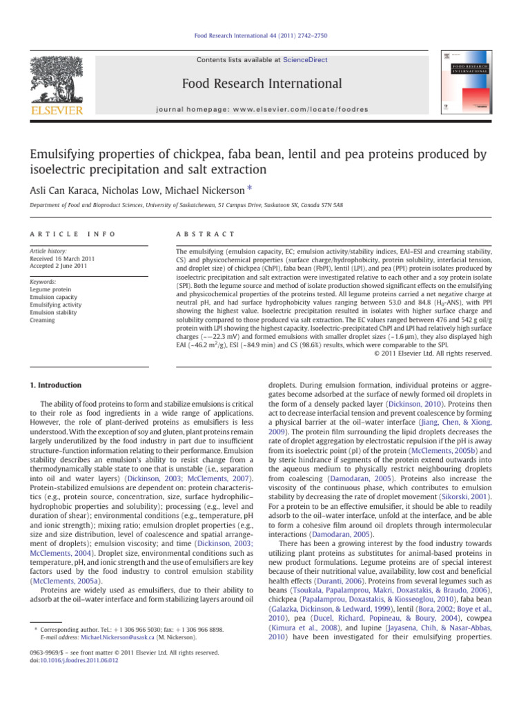 Emulsifying Properties of Chickpea, Faba Bean, Lentil and Pea Proteins Produced by Isoelectric ...