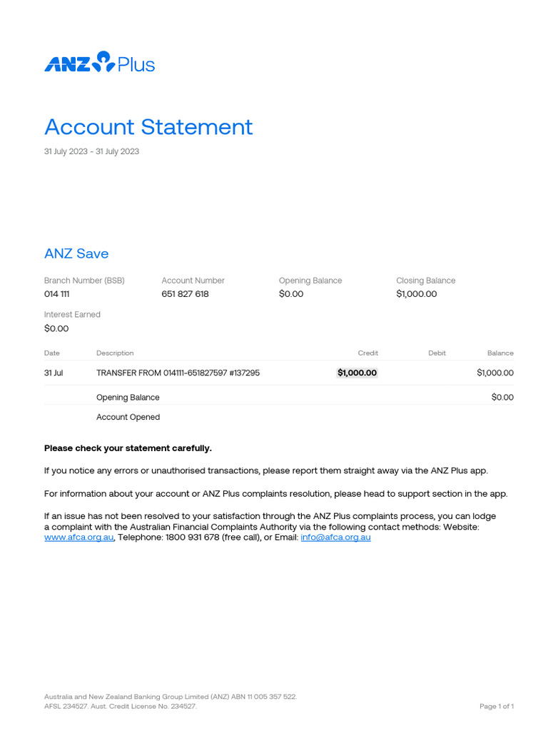 ANZ Save Statement July 2023 | PDF | Finance & Money Management