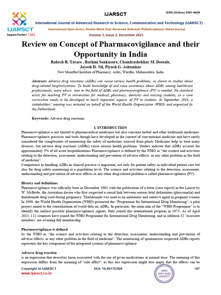 Review On Concept of Pharmacovigilance and Their Opportunity in India ...