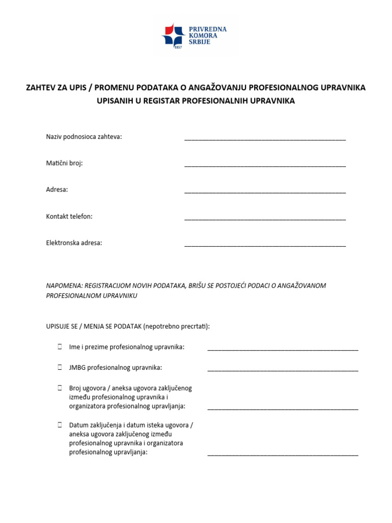 Zahtev Za Registraciju Ugovora Izmedju Organizatora Profesionalnog ...