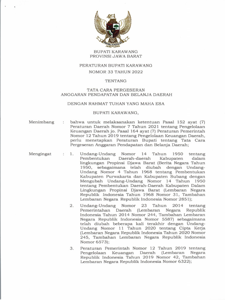 PERBUP Nomor 33 Tahun 2022 Tentang Tatacara Pergeseran APBD | PDF