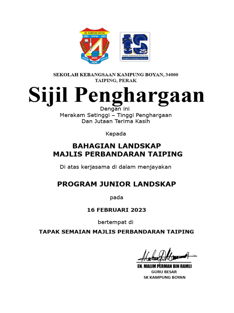Sijil Pemenang RAKAN LANDSKAP | PDF