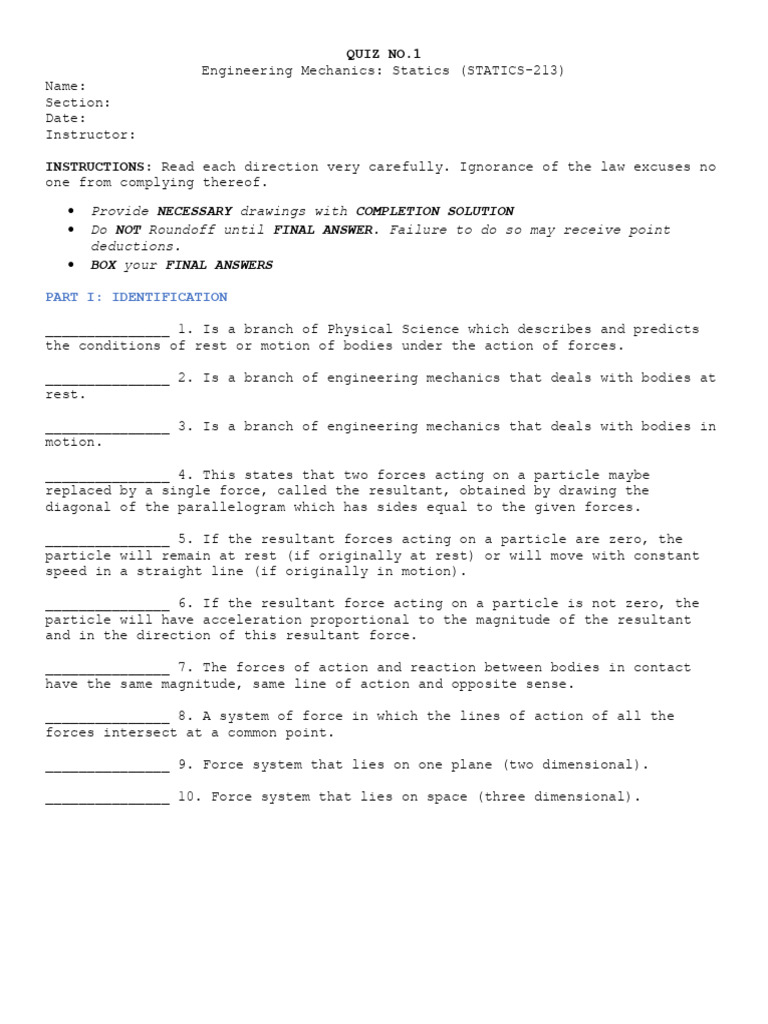 Quiz No 1 Revised Pdf Force Euclidean Vector