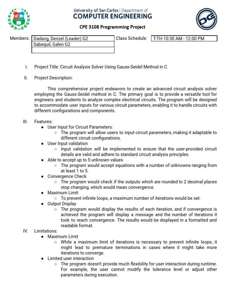 CPE 3108 Project Proposal - G9 (Revised) | PDF | Network Analysis (Electrical Circuits ...