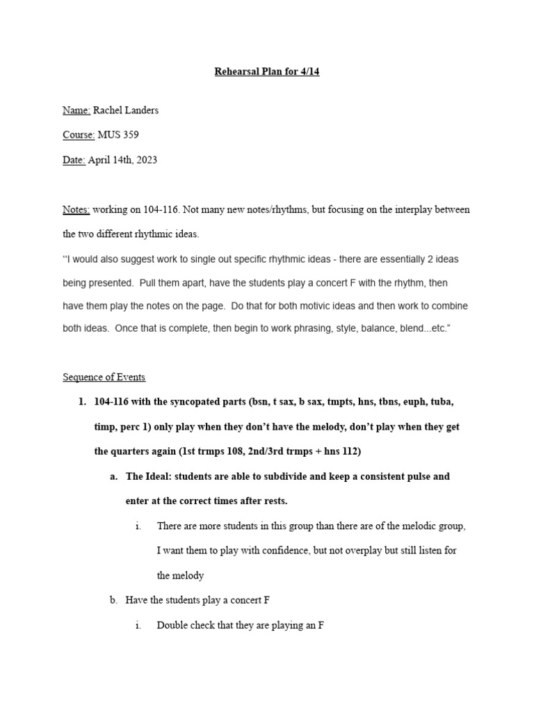 Rehearsal Plan For 4 14 2 | PDF | Rhythm | Musical Forms