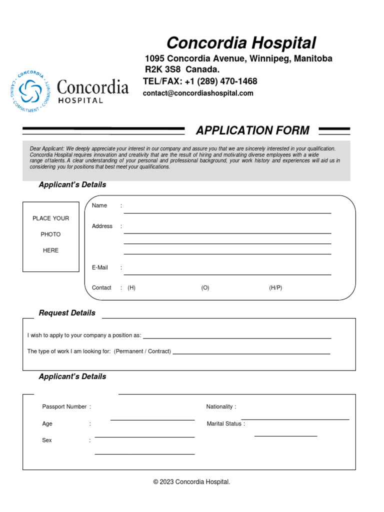 Concordia Hospital Job Application Form | PDF | Business