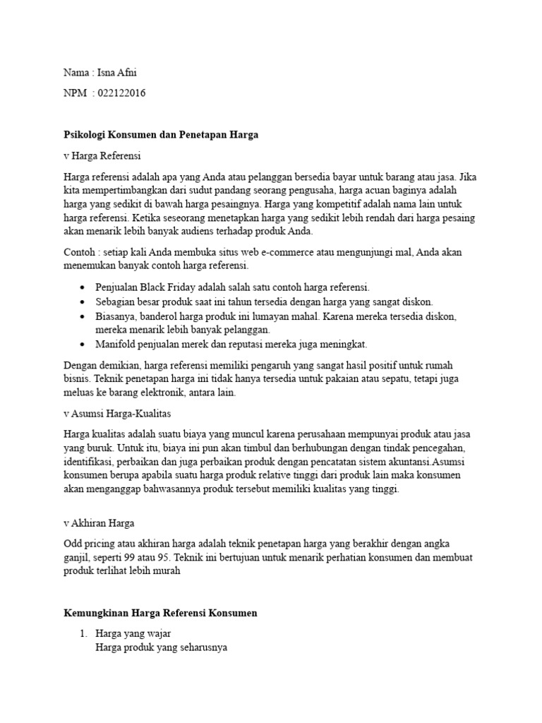 Tugas 5 MP - Psikologi Konsumen Dan Harga Referensi Konsumen - Isna Afni - 022122016 - 3A AKT | PDF