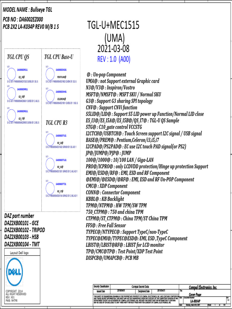 Dell Inspiron 3501 Compal Bullseye TGL LA-K034P Rev 1.00 (A00) Схема ...