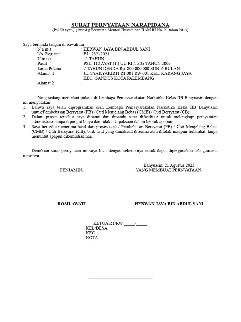 Surat Pernyataan Narapidana | PDF