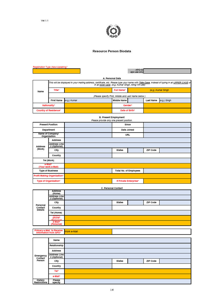 APO Biodata Form 2020-Resource Person53251 (2) | PDF | Agriculture | Economies