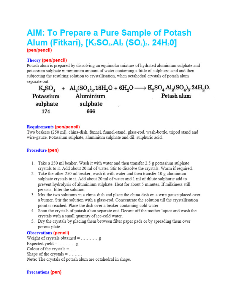 Potash Alum Preparation Experiment | PDF