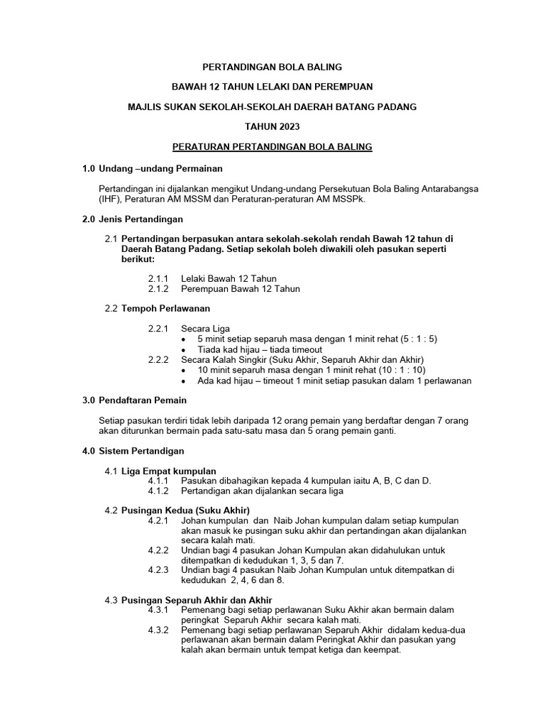 Peraturan Bola Baling U12 2023 | PDF