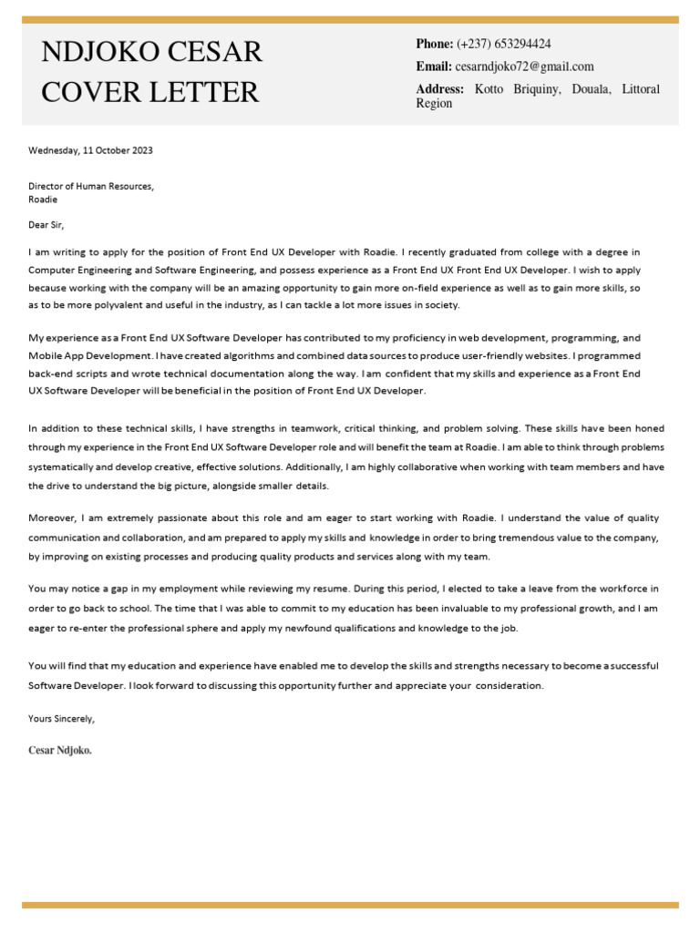 Front End UX Developer Cover Letter | PDF | Compiler | Software