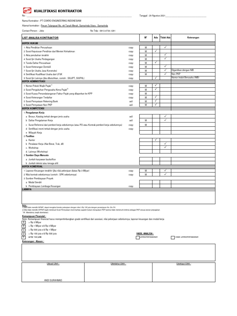 Kualifikasi Kontraktor PT COKRO ENGINEERING INDONESIA | PDF