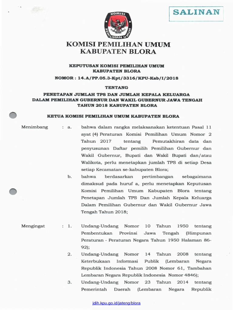 SK KPU 14.a 2018 Penetapan Jumlah TPS KK Pilgub 2018 V | PDF