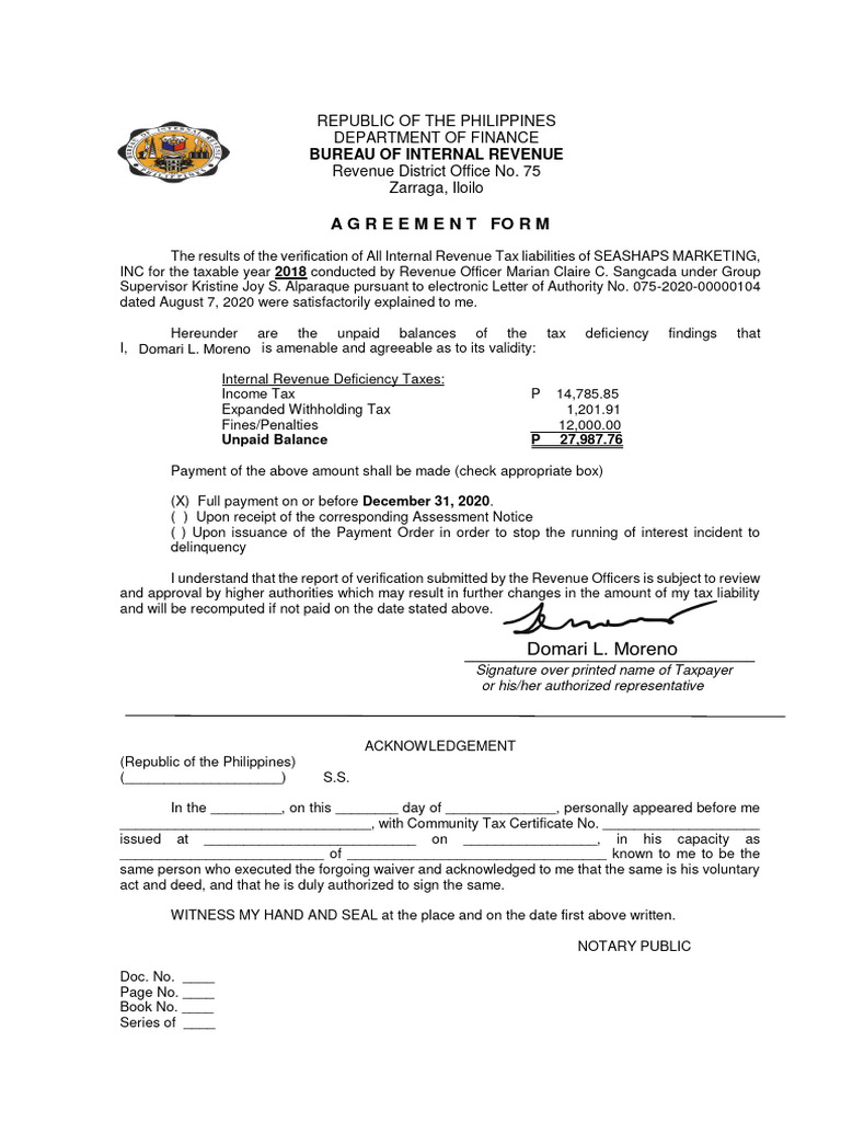 Agreement Form | PDF | Taxes | Internal Revenue Service