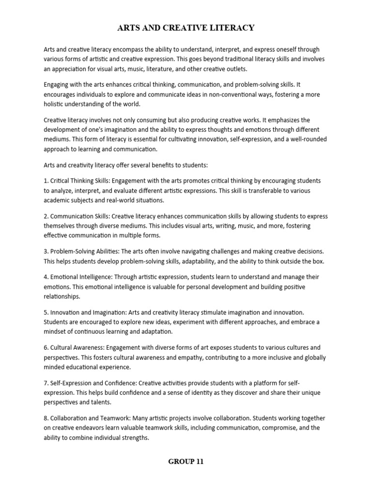 ARTS AND CREATIVITY LITERACY-WPS Office | PDF | Creativity | Learning