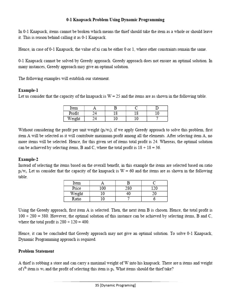 Knapsack Problem Using Dynamic Problem Solving Pdf Theoretical Computer Science Computer