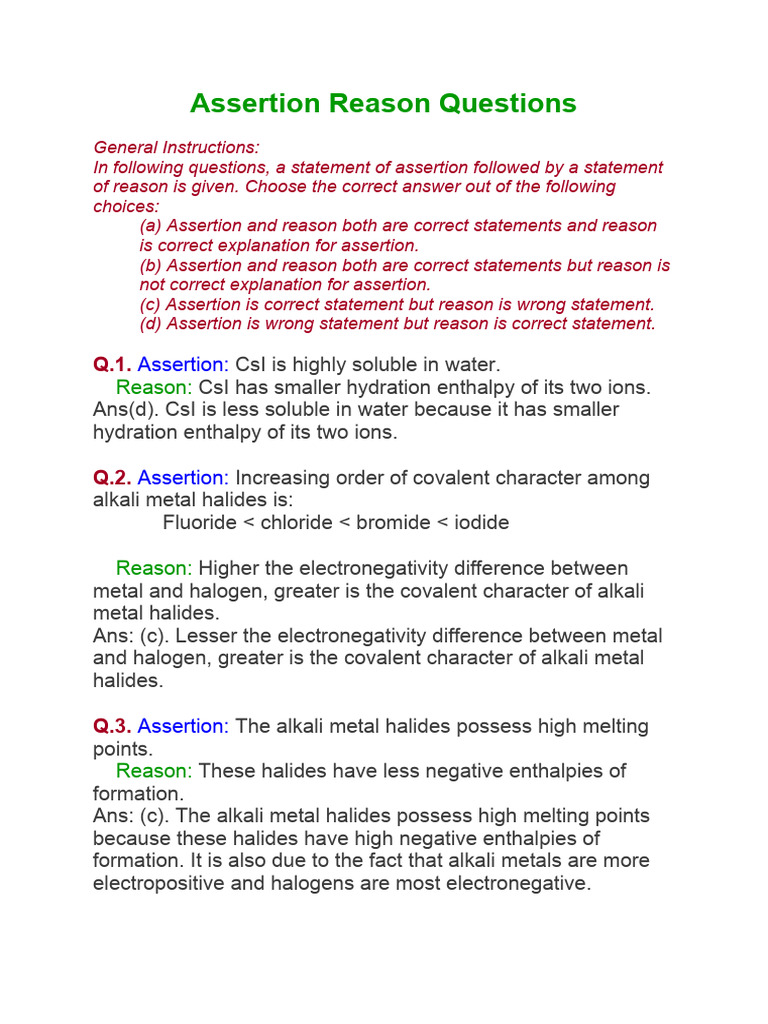 Assertion and Reason | PDF | Hydroxide | Chemical Polarity