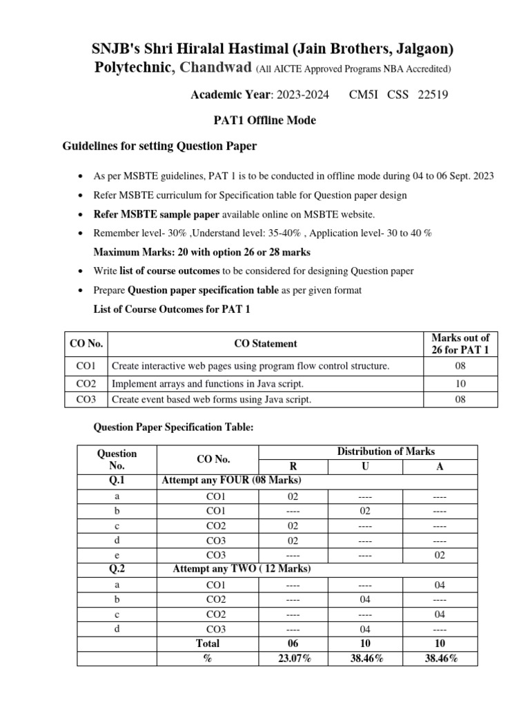 Pat1 Css 22519 2023 24 With Model Ans Pdf Java Script Bracket