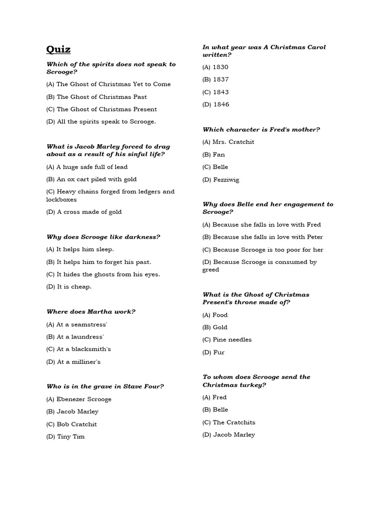 A Christmas Carol Quiz Answers | PDF | Ebenezer Scrooge | Jacob Marley
