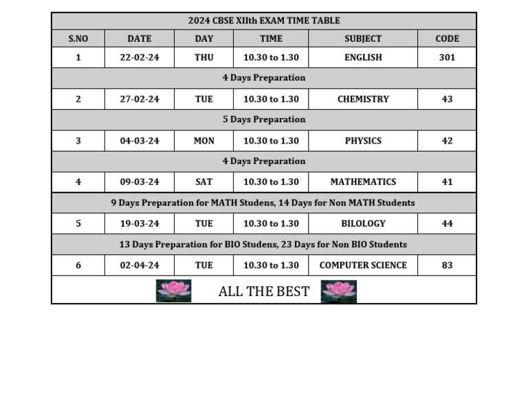 2024 Cbse Class Xii Exam Time Table 1 | PDF