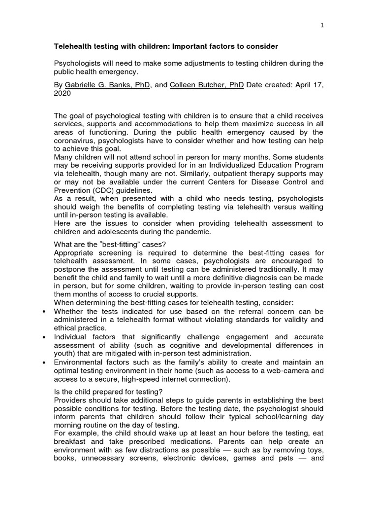 Telehealth Testing With Children Pdf Psychologist Preventive