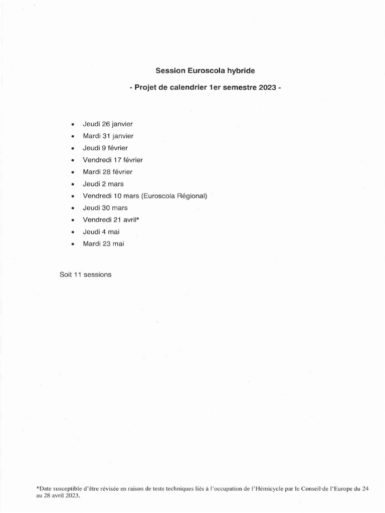 Euroscola calendar 1st semester 2023 | PDF