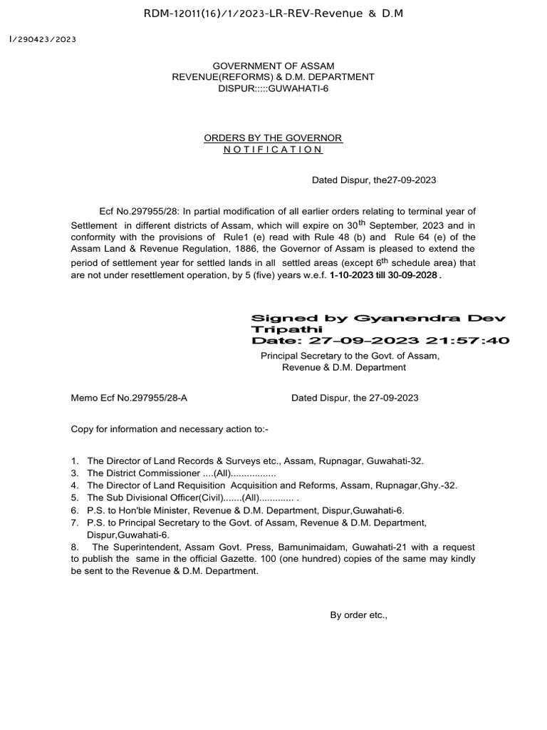 Extension of Land Settlement Period in Assam | PDF | Government ...