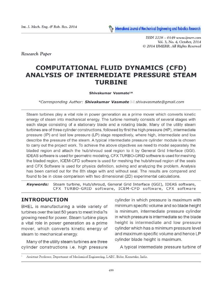 COMPUTATIONAL FLUID DYNAMICS (CFD) ANALYSIS OF INTERMEDIATE PRESSURE STEAM TURBINE - PDF | PDF
