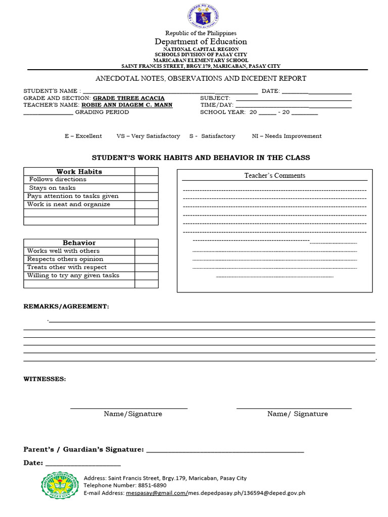 Anecdotal Record and Incident Report | PDF