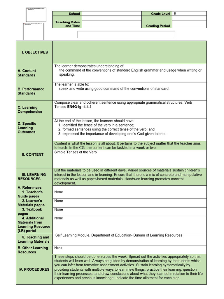 Sample LEsson Plan in ENGLISH VI | PDF | Learning | Grammatical Tense